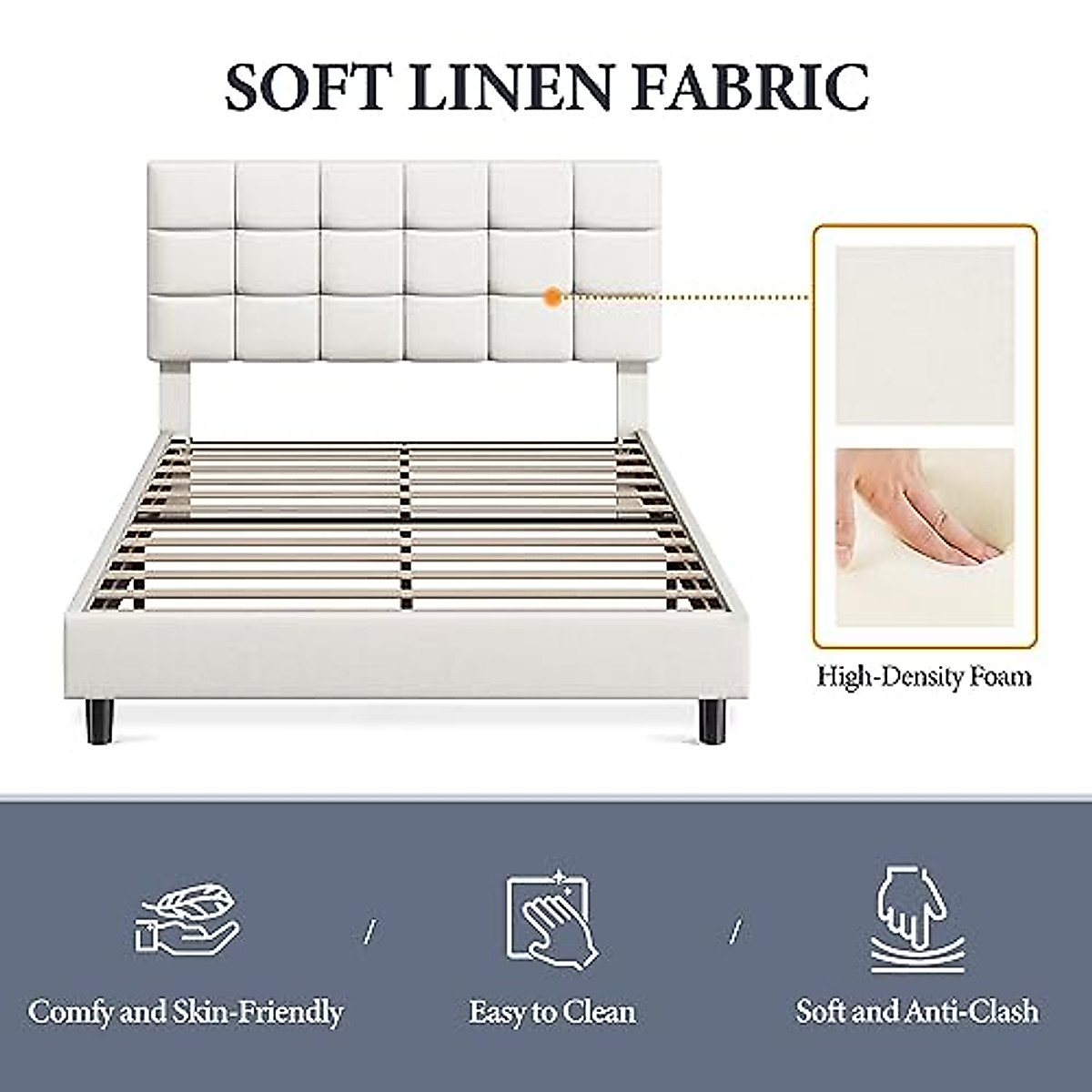 Yaheetech Full Upholstered Bed Frame, Platform Bed Frame with Square Tufted Fabric Headboard Height Adjustable, Wooden Slats Support, No Box Spring Needed, Beige