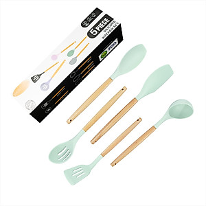 Kitchen Utensils Set, 5 Pcs Non-Stick Silicone Kitchen Cooking Utensils with Wooden Handle, Kitchen Spatula Cookware Utensils Set, Heat Resistant Silicone Kitchen Gadgets (Light Green)