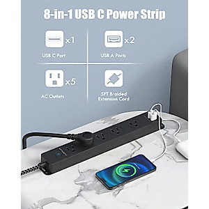 Surge Protector Power Strip with USB C Ports, 5 Outlets 3 USB Ports(1 USB C), 5FT Braided Extension Cord with Multiple Outlets, Mountable Power Strips Flat Plug for Home, Office, Dorm