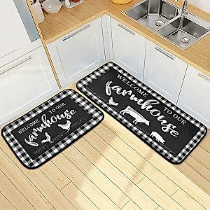 White Plaid Buffalo Farmhouse Rooster Kitchen Rugs and Mats Set 2 Piece Non Slip Washable Runner Rug Set of 2 for Kitchen Sink Floor Home Decor Laundry Welcome