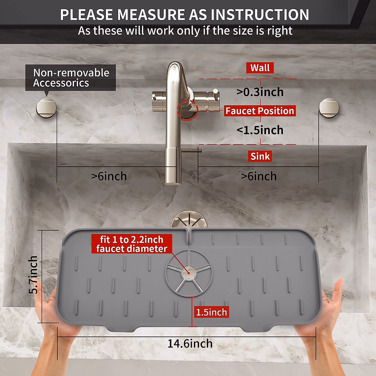 Kitchen Faucet Sink Splash Guard, Silicone Faucet Water Catcher Mat – Sink Draining Pad Behind Faucet, Grey Rubber Drying Mat for Kitchen