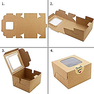 WYKOO 50 Pack 4 x 4 x 2.5 Inches Small Cookie Boxes with Window Brown Bakery Boxes Cake Boxes Kraft Pastry Boxes for Mini Cookies, Cupcakes, Dessert, Single Donut, Stickers Included