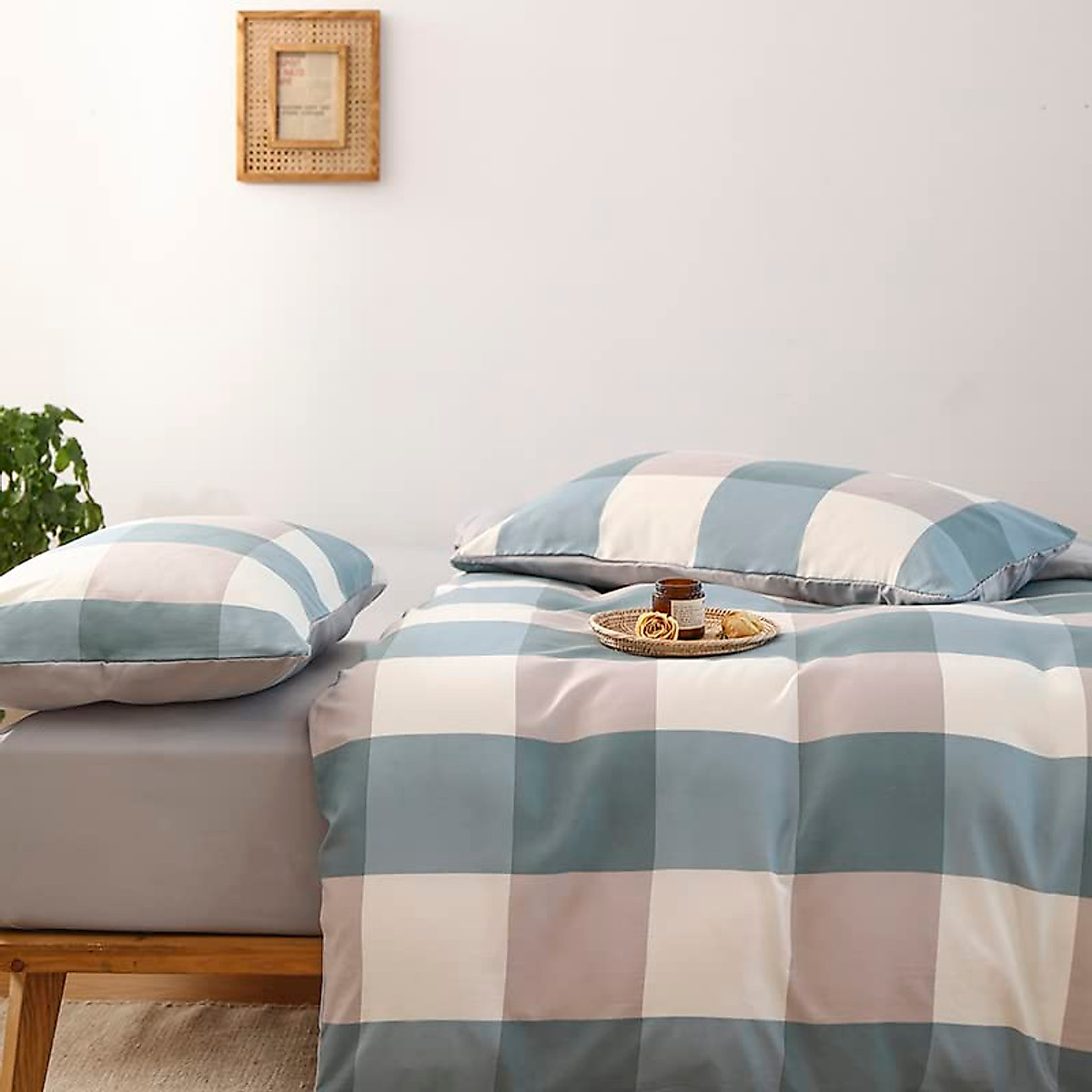 NSNLGSGC Buffalo Plaid Duvet Cover Set Grayish Blue Twin,Check Simple Geometric Square Pattern Bedding Set,Modern Soft Washed Microfiber Comforter Cover (2PCS,Twin)