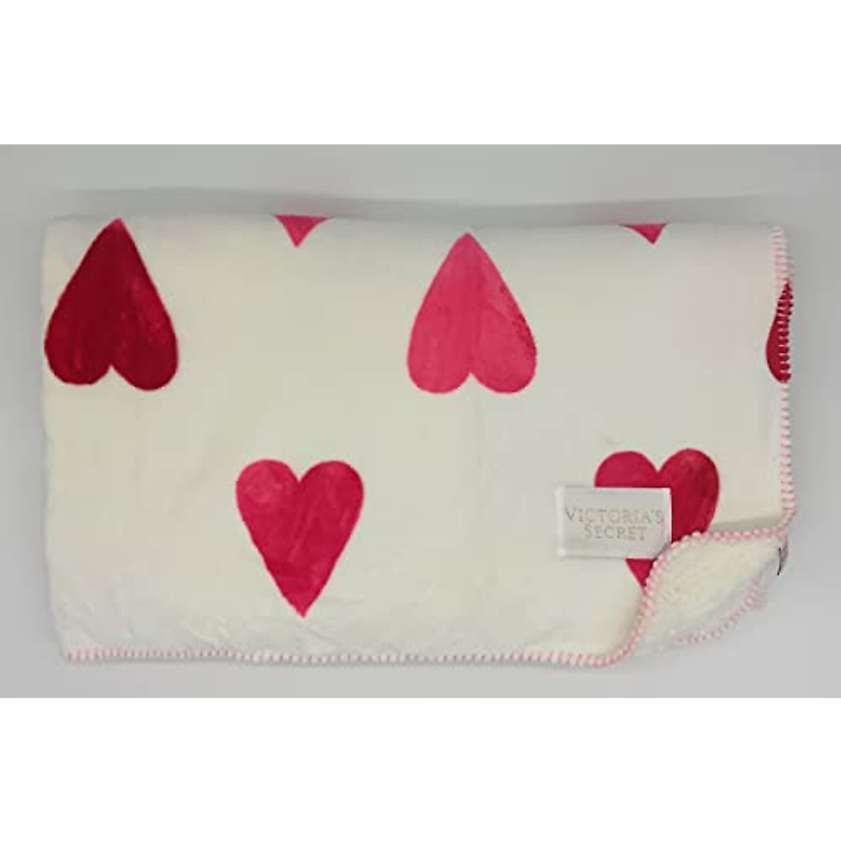 Victoria's Secret Soft Sherpa Throw Blanket, White Pink Hearts 50'' x 60''