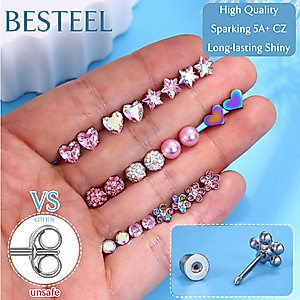 BESTEEL 12 Pairs Hypoallergenic Screw Back Earrings for Girls Women CZ Ball Surgical Stainless Steel Stud Earrings Set Cute Star Flower Screwback Earrings Mix Age: over 3 years old