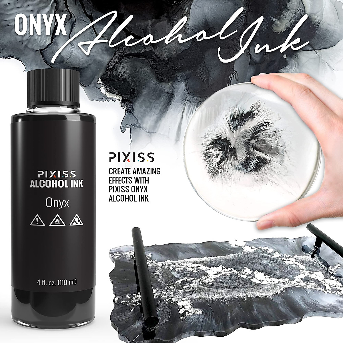 Black Alcohol Ink Extra Large 4oz - Alcohol Ink Black Onyx Color for Epoxy Resin, Tumblers, Resin Art, Alcohol Ink Paper, Black Pigment Ink, 3 Pixiss Needle Tip Applicator Bottles and Funnel