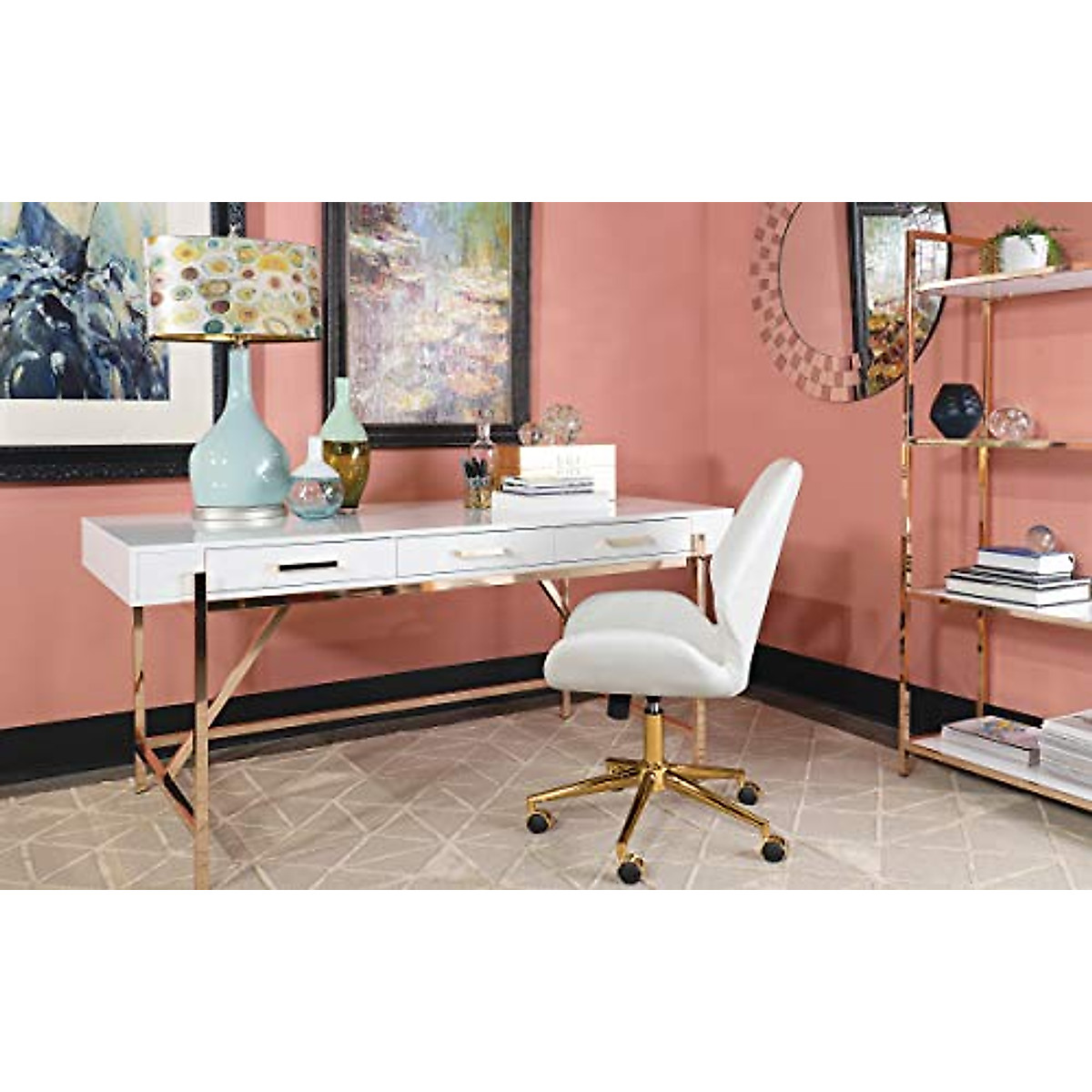 OSP Home Furnishings Broadway Modern Executive Desk with 3 Drawers and Charging Station, White Gloss Finish and Gold Frame