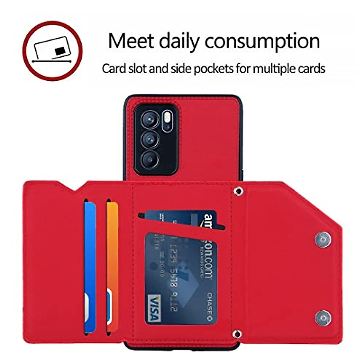 SATURCASE Case for Oppo Reno 6 Pro 5G, PU Leather Soft Silicone TPU Anti-Drop Foldable Kickstand Card Slots Metal Buttons Protective Back Cover for Oppo Reno 6 Pro 5G (Red)