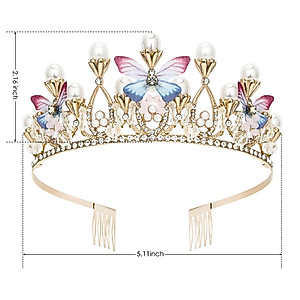 Makone Girls Tiara Butterfly Princess Crown with Comb Gold Pearl Headband Rhinestone Hair Accessories for Halloween Birthday Wedding Bridal Prom Christmas Gifts