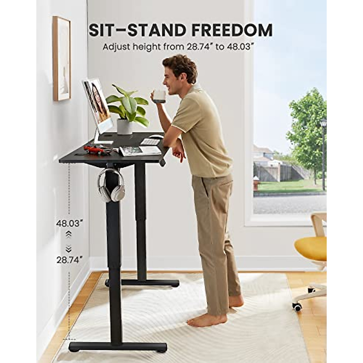 ErGear Electric Standing Desk 48 x 24 Inches, Height Adjustable Sit Stand up Desk, Memory Computer Workstation Table with Splice Board for Home Office, Black