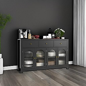 FINETONES Buffet Cabinet with Storage, 55.1" Large Sideboard Buffet Farmhouse Kitchen Cabinet with 3 Drawers and 4 Doors, Wood Coffee Bar for Kitchen, Black