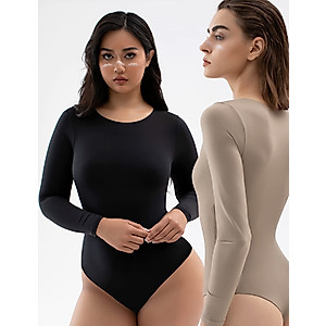 PUMIEY Long Sleeve Bodysuit For Women Sexy Crew Neck Tops Body Suits Womens Dupes Bodysuits Jet Black X-Large
