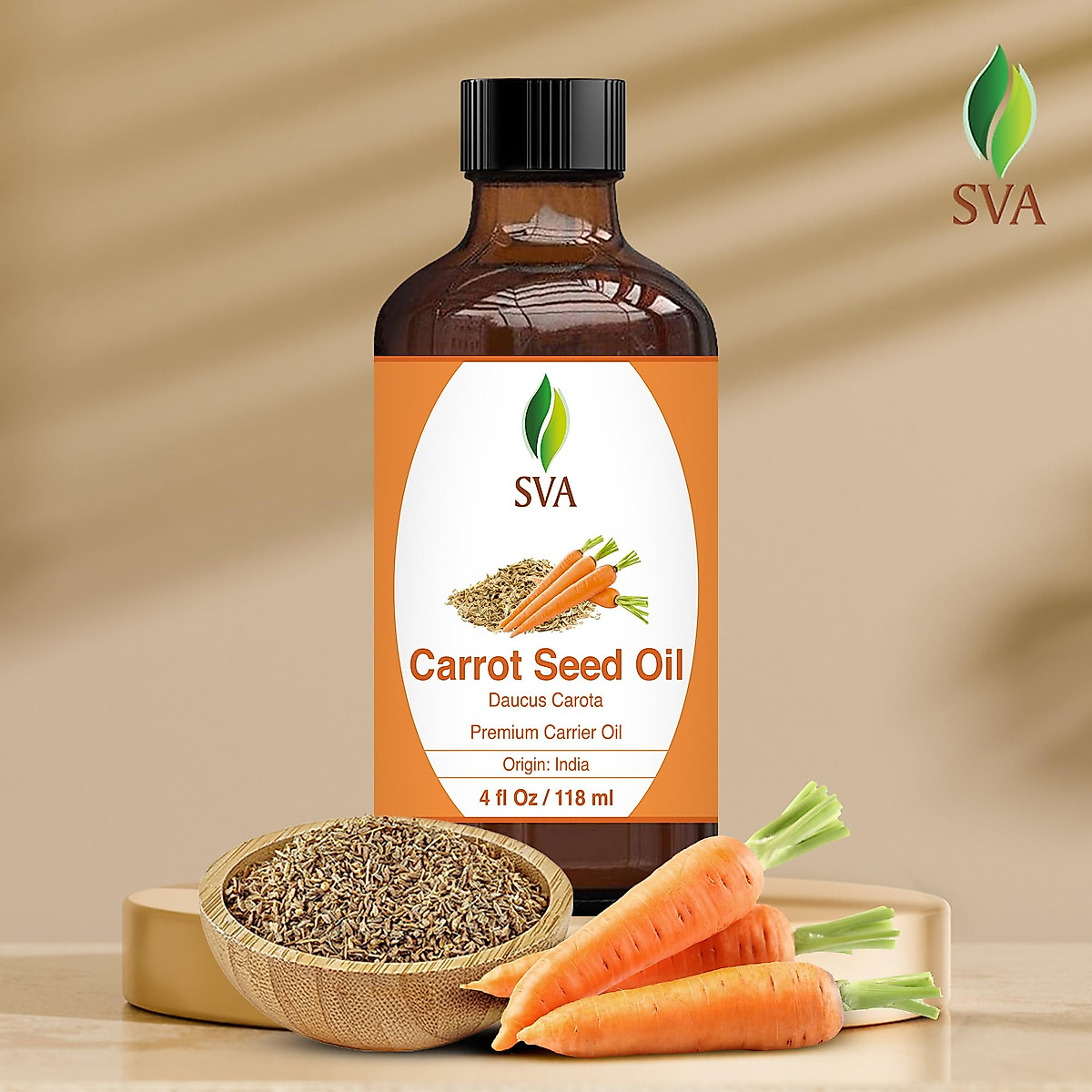 SVA Carrot Seed Oil - 4 Fl Oz – 100% Natural Cold Pressed Carrot Oil - for Face, Skin Care, Hair Care, Scalp Massage & Body Massage – Carrier Oil with Dropper