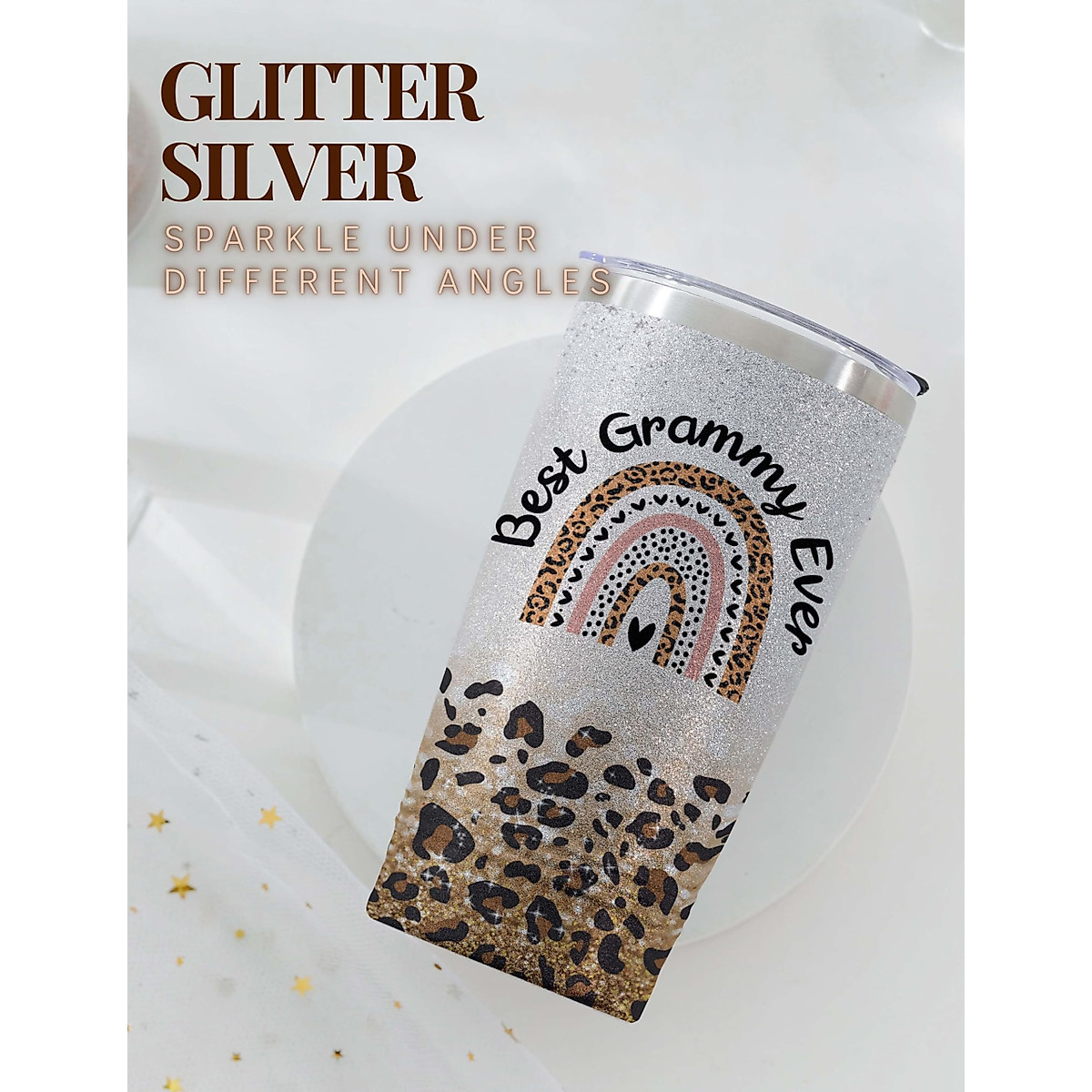 Onebttl Grammy Gifts from Granddaughter, Grandson, Insulated Stainless Steel Wine Tumbler with Lid and Straw, for Grandma on Mother's Day, Birthday, Christmas, Best Grammy Ever, Glitter Silver, 20 oz