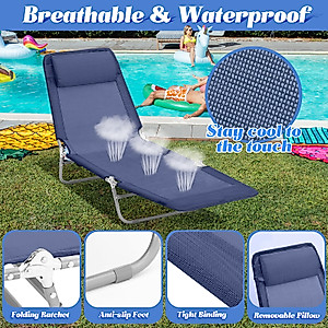 Suzile 4 Pack Folding Chaise Lounge Chair Tanning Chairs with Adjustable 5 Position and Pillow Waterproof Breathable Mesh Steel Frame Pool Sun Tanning Chair for Beach Yard Patio Lawn(Navy Blue)