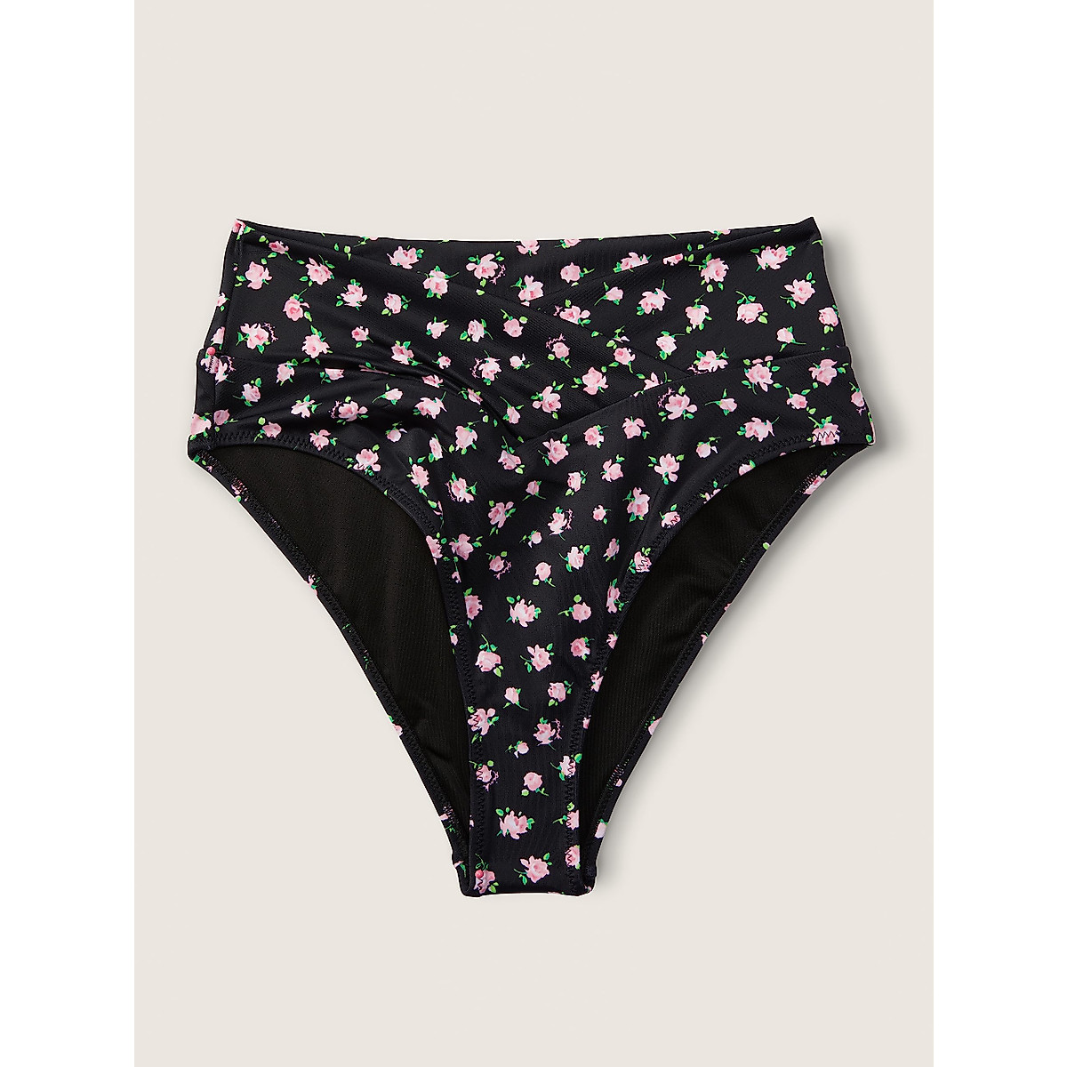 Victoria's Secret Pink V Crossover High Waisted Bikini Bottom, Swimsuit for Women, Moderate Coverage Bathing Suit Bottoms for Women, Pure Black Floral (S)