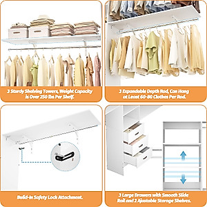 Armocity 120 Inches Closet System, 10FT Walk In Closet Organizer with 3 Shelving Towers, Heavy Duty Clothes Rack with 3 Drawers, Built-In Garment Rack, 120" L x 16" W x 75" H, Max Load 1300 LBS, White