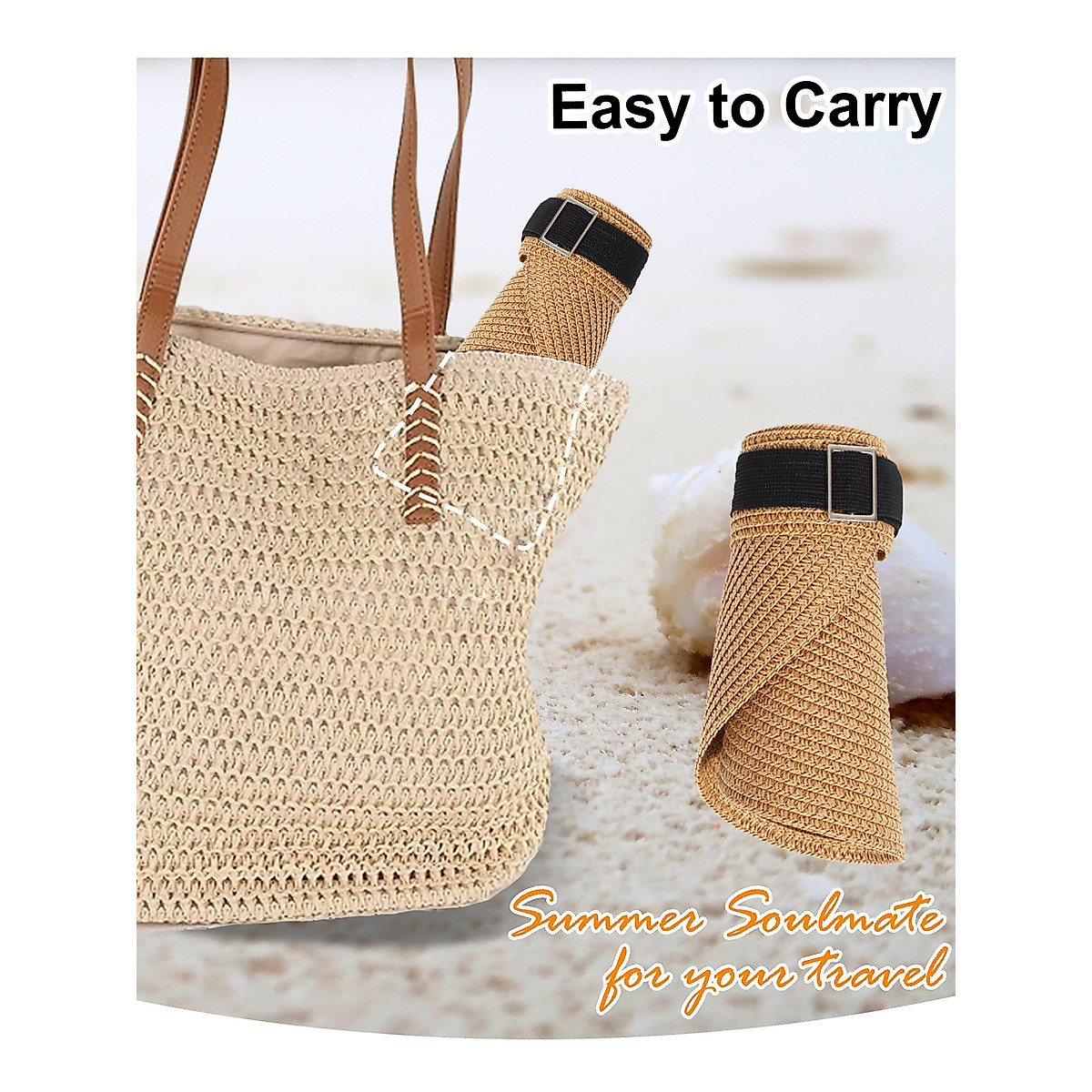 Womens Beach Straw Sun Visor Hat Ponytail Hole UV Protection Wide Brim Summer Cap Packable for Travel UPF 50+(Khaki)