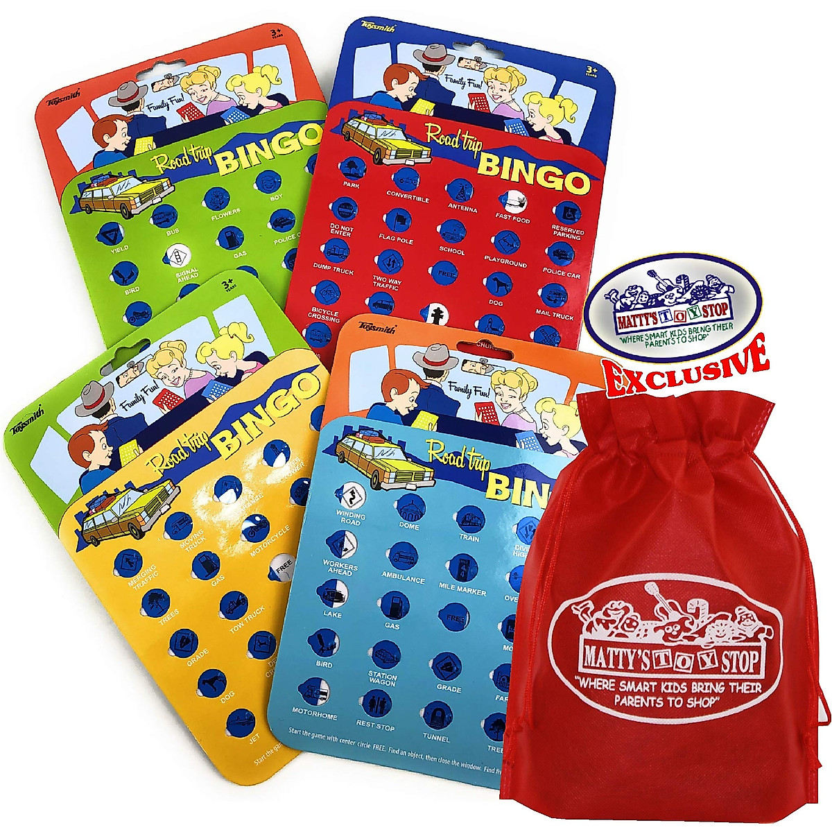Toysmith Road Trip Bingo Cards Red, Blue, Green & Orange Gift Set Travel Bundle with Bonus Matty's Toy Stop Storage Bag - 4 Pack