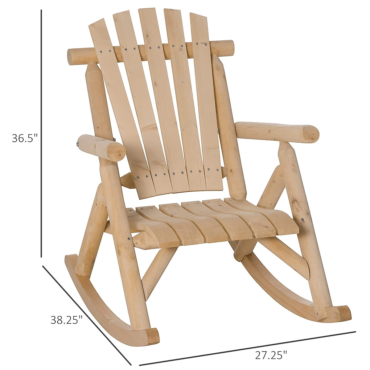 Outsunny Outdoor Wooden Rocking Chair, Single-Person Rustic Adirondack Rocker with Slatted Seat, High Backrest, Armrests for Patio, Garden and Porch, Natural