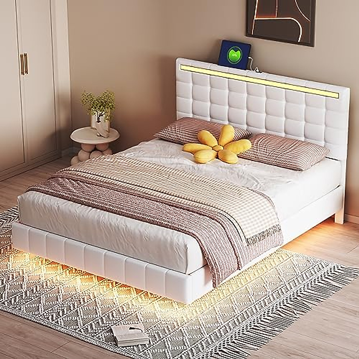 Aiuyesuo Modern Queen Size Floating Bed with Headboard and USB Ports, Solid Wood Upholstered Platform Bed Frame with Led Lights Faux Leather, Wooden Slats, No Box Spring Needed (White-TD34)