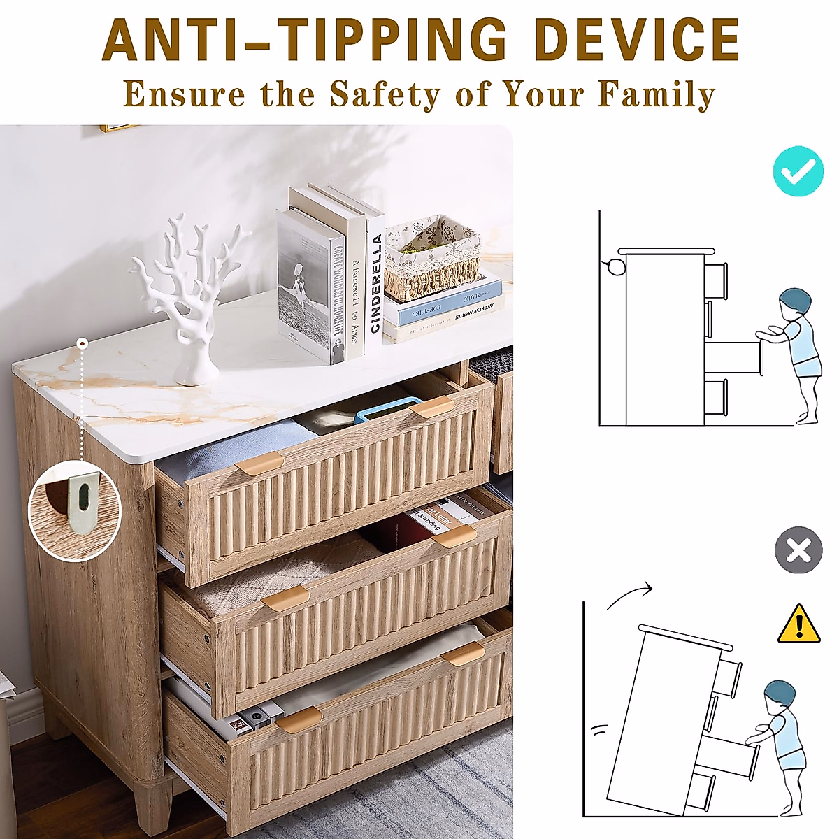 6 Drawers Dresser for Bedroom, 54" Large Storage Dresser, Farmhouse Wood Dressers with Faux Marble Top, Modern Dressers & Chests of Drawers for Living Room Entryway, Fluted Curved Profile, Natural Oak