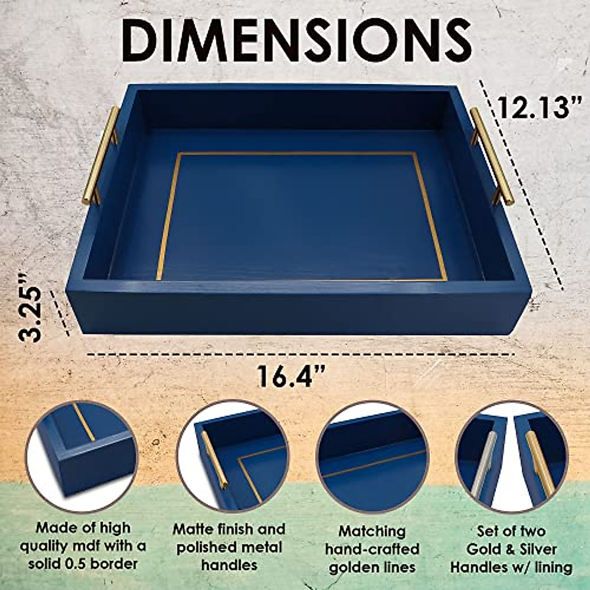Elegant Blue Decorative Serving Tray with Random Handles