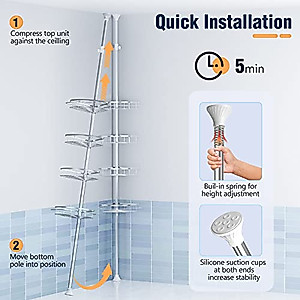 LIVECAST Shower Caddy Corner Organizer with Tension Pole for Bathroom Bathtub Stainless Storage for Shampoo Accessories, 4 Adjustable Shelves, 40 to 114 Inch