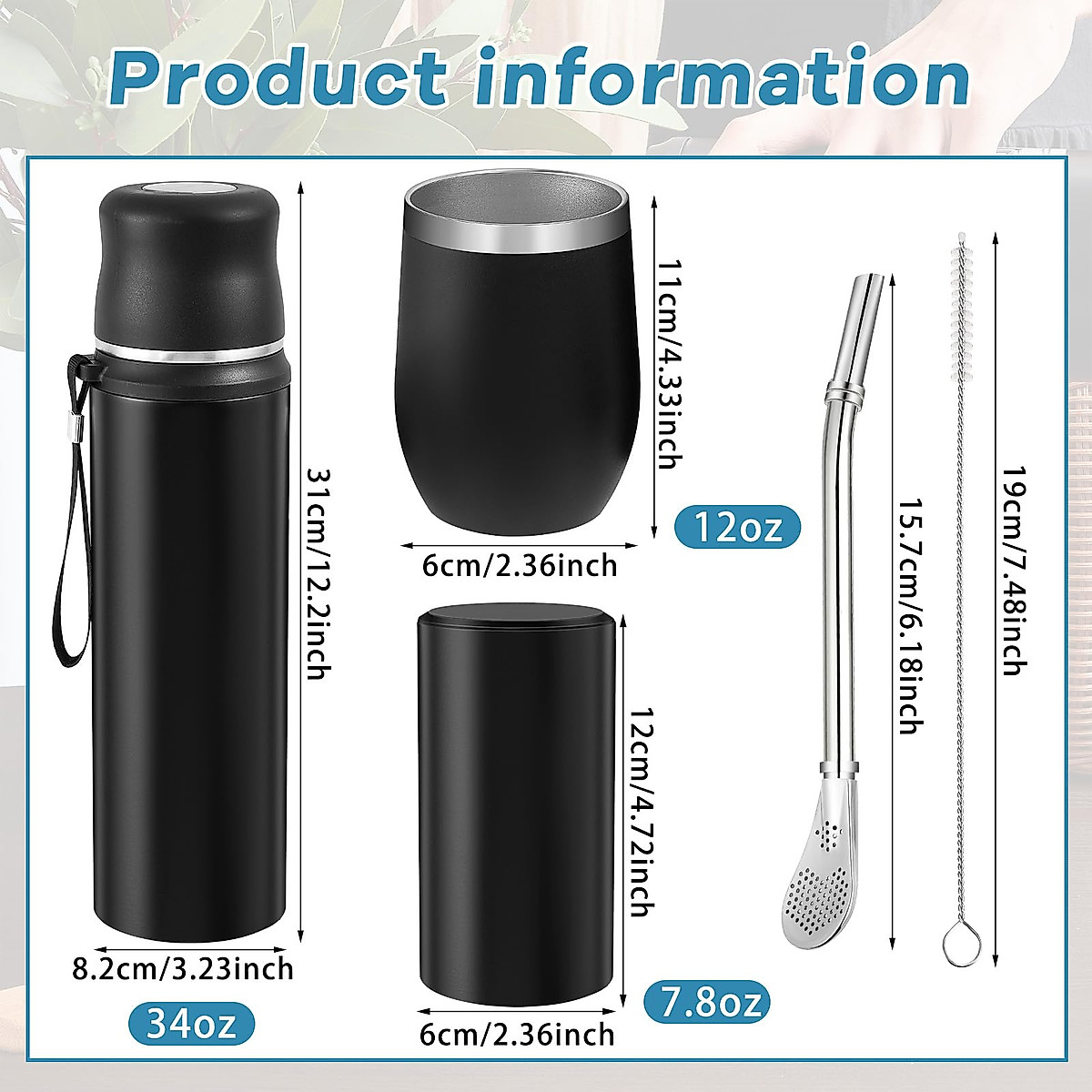 Suclain 5 Pcs Complete Yerba Mate Kit Yerba Mate Cup 34 Oz/1005 ml Stainless Steel Thermal Water Bottle, Tea Can, Bombilla and Straw Brush, for Travel Christmas Gift Father, Black