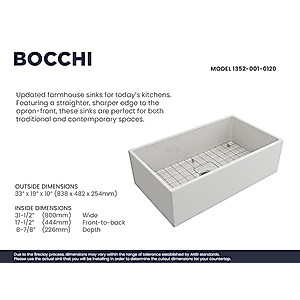 BOCCHI Contempo Farmhouse Apron Front Fireclay 33 in. Single Bowl Kitchen Sink with Protective Bottom Grid and Strainer in White
