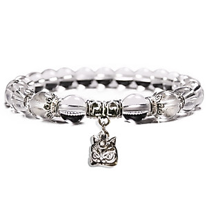 KS-WORKSHOP 8MM Stretch Bracelet for Women Handmade Beads Chain Quality Natural Stone White Crystal Beaded Girls Charm Dancing Lion Pendant Semi-Precious Gemstone Perfect Valentine's Gift Birthday