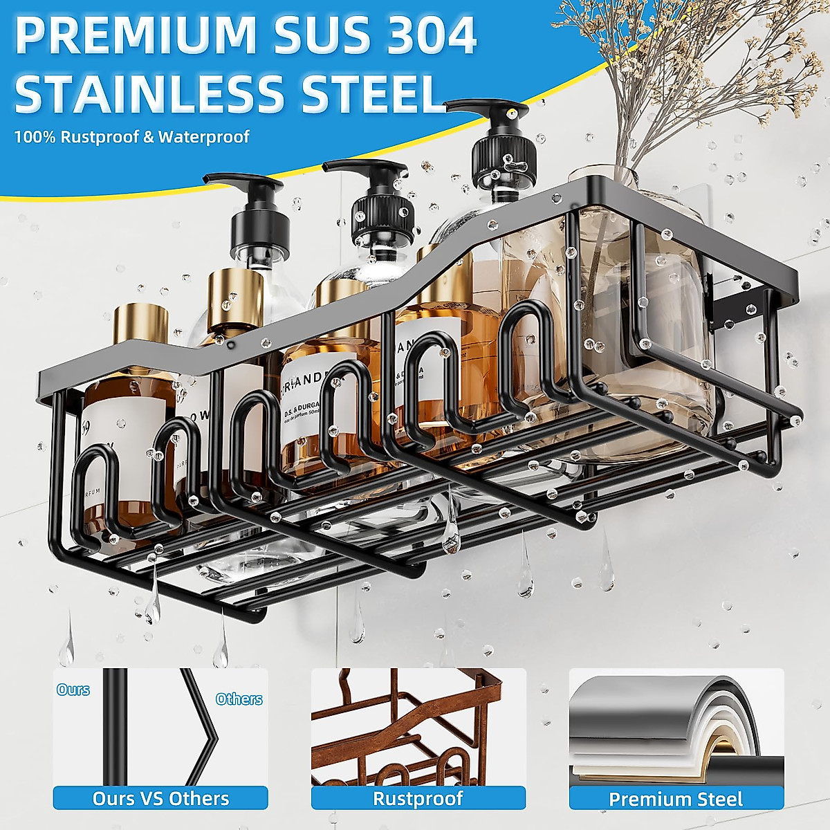 kitims Adhesive Shower Caddy, 5 Pack Shower Organizer Hanging with Large Capacity Stainless Steel Shower Organizers and Storage Rustproof Shower Shelf for Inside Shower, No Drilling, Black