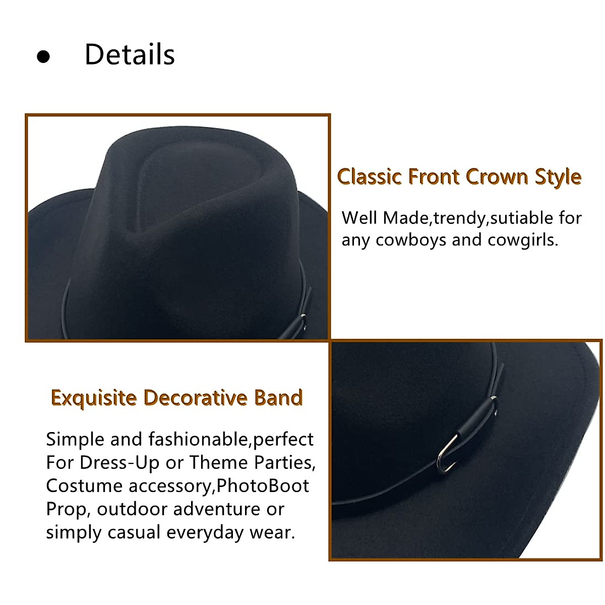 Willheoy Cowboy Hat for Men Women Western Cowgirl Hats Felt Fedora Hat Cowboy Costume Black
