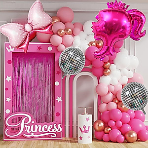 146pcs Pink Balloon Garland Hot Pink Rose Red Light Pink Matte White Balloons Silver Disco Ball Bow Crown Princess Star Balloon Arch Kit For Princess Party Decoration Birthday Baby Shower