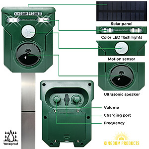 Newest Fall and Winter 2024/5 Solar Animal Repellent Motion Activated with Flashing LED Lights, USB Cable and Alarm - Raccoon Repellent Deer Dog Birds Fox Rats Cat Animal Repeller Ultrasonic Outdoor