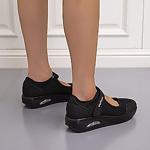 YSMIIH Womens Walking Mary Jane Wedges Sneaker Hook and Loop Comfort Nurse Shoes Casual Rockers(Black,8