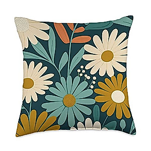 Retro Trendy Funky Hippie 60s 70s Aesthetic Decor Cottagecore Daisies Flower Hippie 60s 70s Aesthetic Style Throw Pillow, 18x18, Multicolor