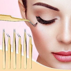 6 Pieces Eyelash Extension Tweezers, Straight and Curved Tip Stainless Steel Tweezers Nippers Volume Lash Tweezers for Eyelash Extensions False Lash Application Tools (Gold)