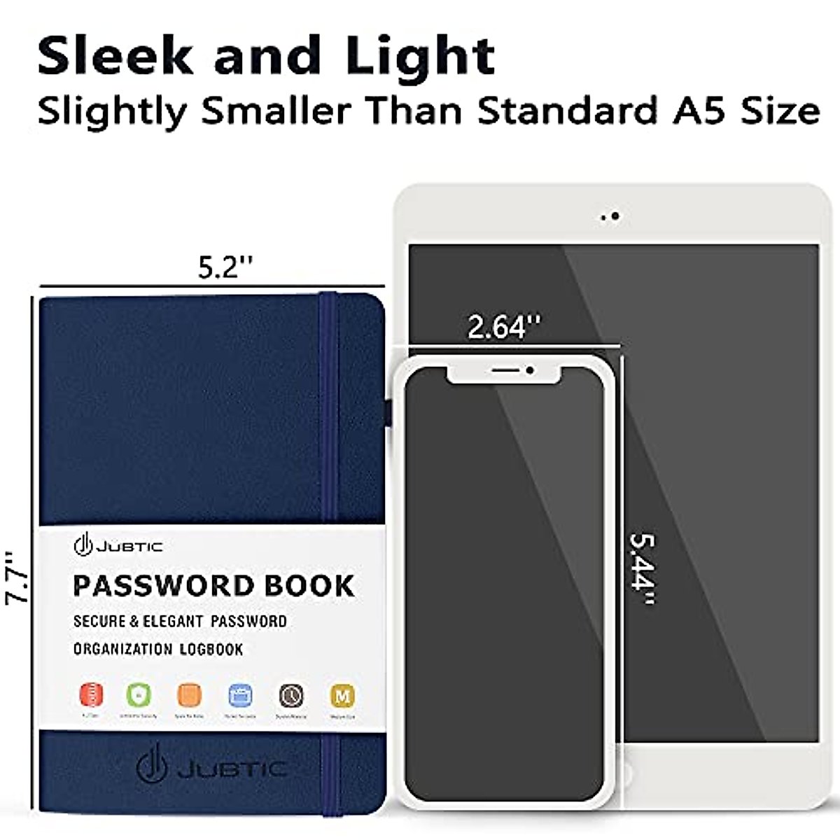 JUBTIC Password Book with Alphabetical Tabs. Medium Size Password Keeper Logbook for Internet Website Address Log in Detail. Hardcover Password Notebook & Organizer for Home Office, Navy Blue