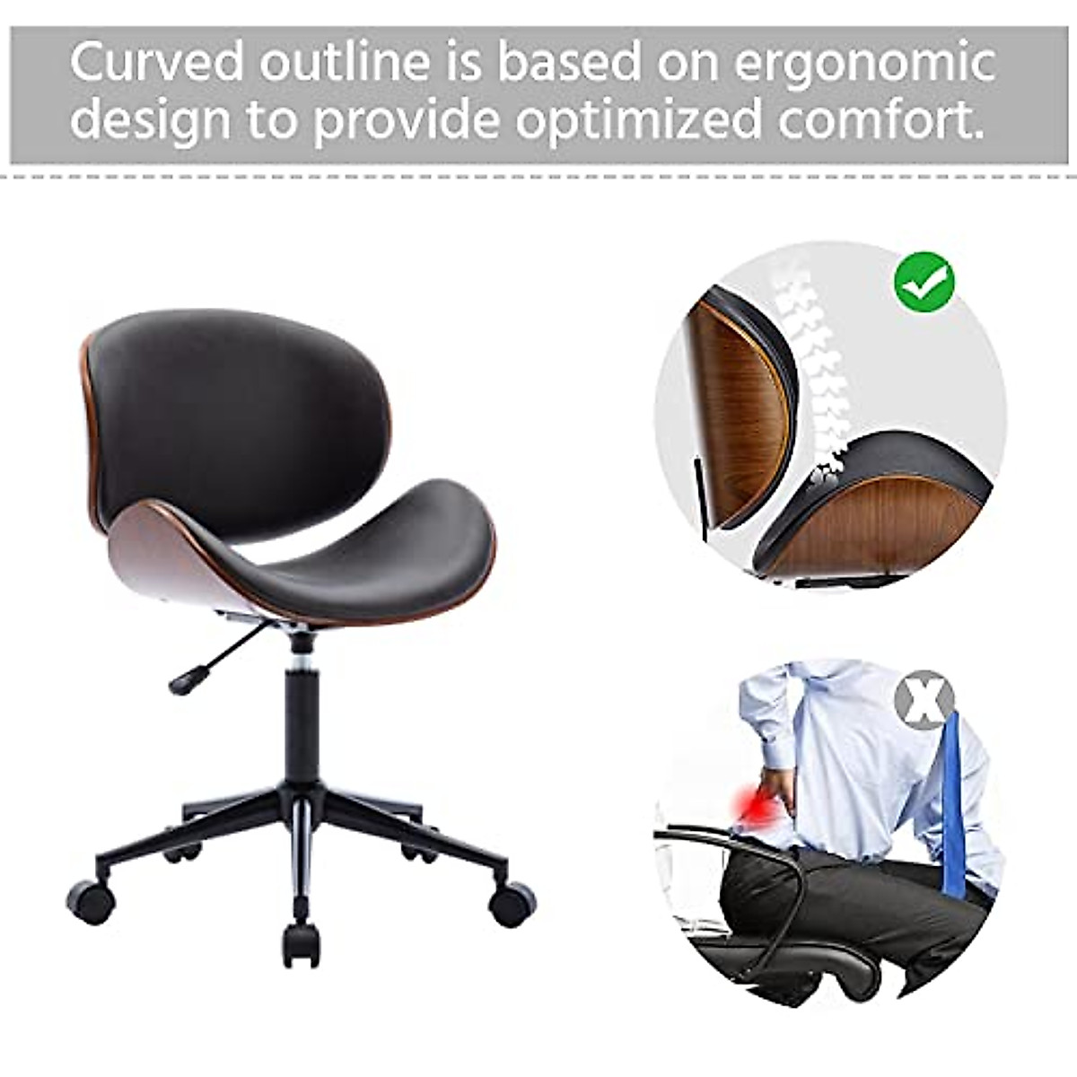 AWQM Home Office Desk Chair, Executive Computer Bentwood Office Chair,Swivel Executive Chair with Faux Leather and Chrome Finish,Adjustable Heigh Computer Chair with 360° Swivel Wheels,Brown