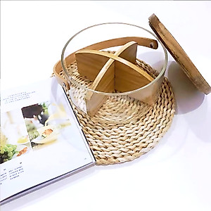 Funnyroom Clear Glass Fruit Serving Bowl, Nuts Dry Fruit Snack Tray with Wood Divider and Lid, Berry Vegetables Basket with Handle for Kitchen Fridge Storage Containers (Glass Basket-Large)