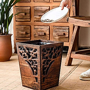 Liex- Waste Paper Basket Kitchen Trash Can, Multi-Functional Teak with Card Strip (Retro Waste Bin Flower Bucket Storage Box), Suitable for Bedroom Hotel (Size: 15 × 20 × 24cm)
