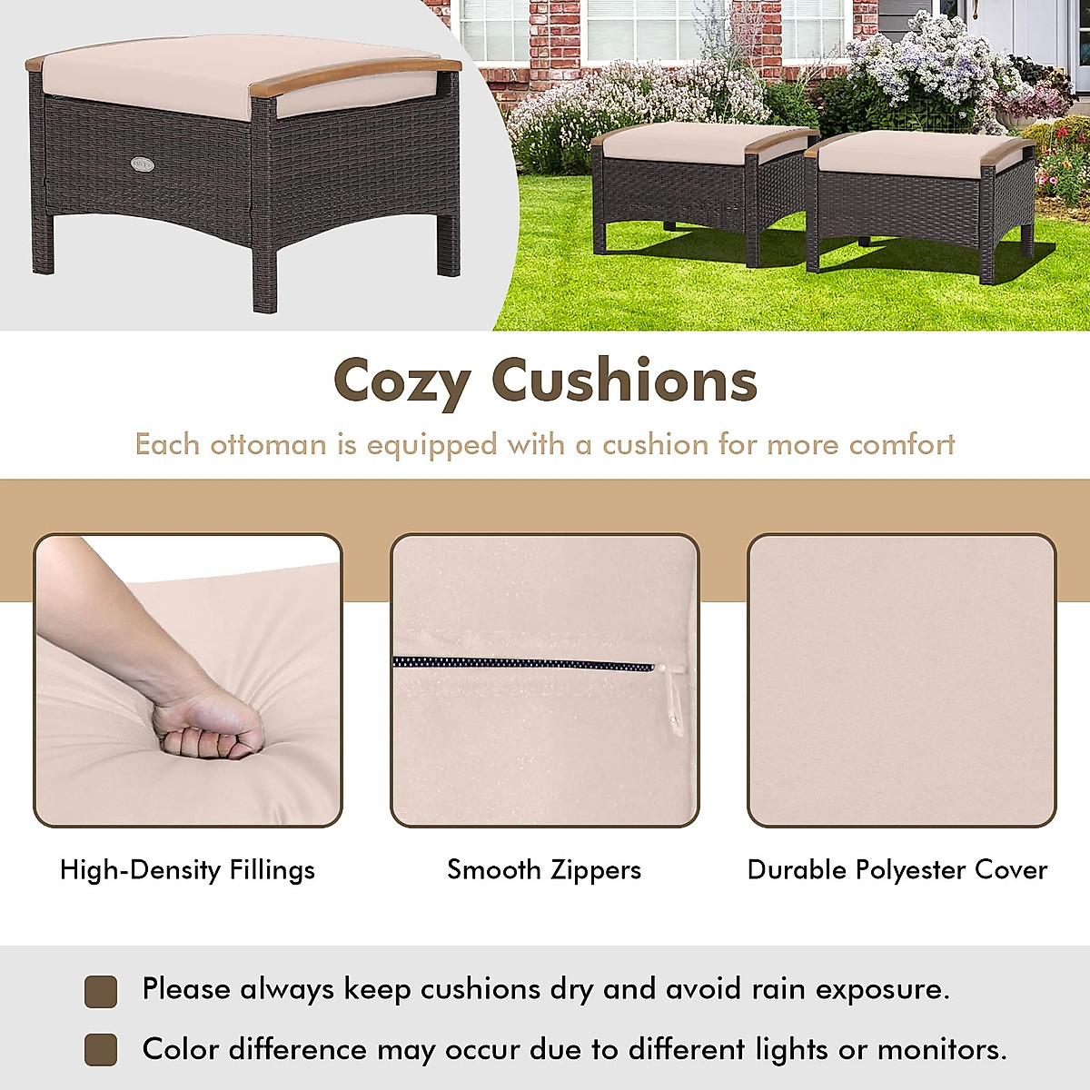 ORALNER Outdoor Ottoman, Set of 2 Rattan Footstools, All-Weather Wicker Foot Stools w/Removable Cushions, Patio Footrest Extra Seating for Porch, Poolside, Garden, Deck, Easy Assembly (Brown)