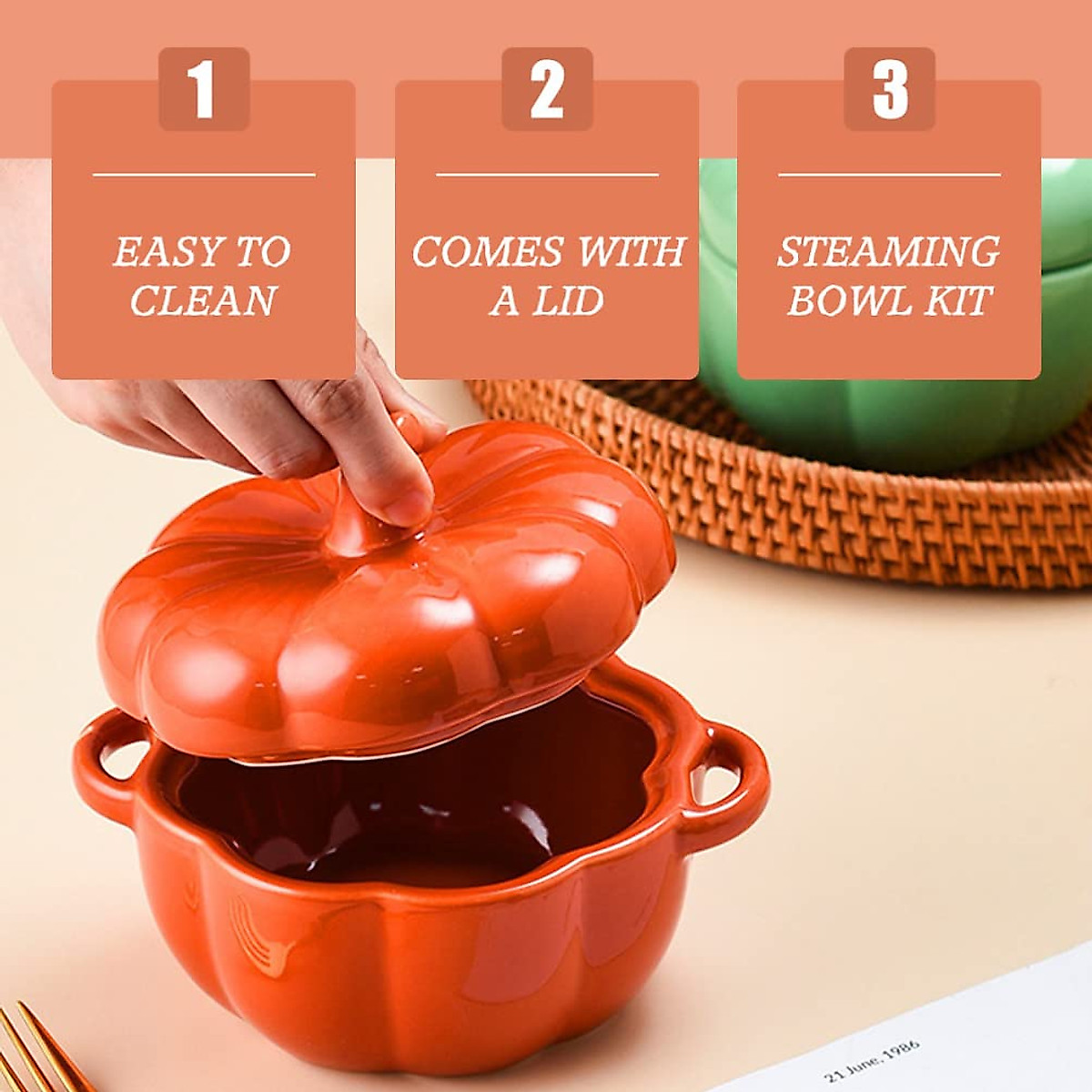 Zerodeko Ceramic Pumpkin Bowl with Lid, 420ml Halloween Bowl with Handle, Soup Bowl Candy Cookie Jar Stewing Bowl Salad Dish Pumpkin Decoration for Halloween Thanksgiving (Orange)