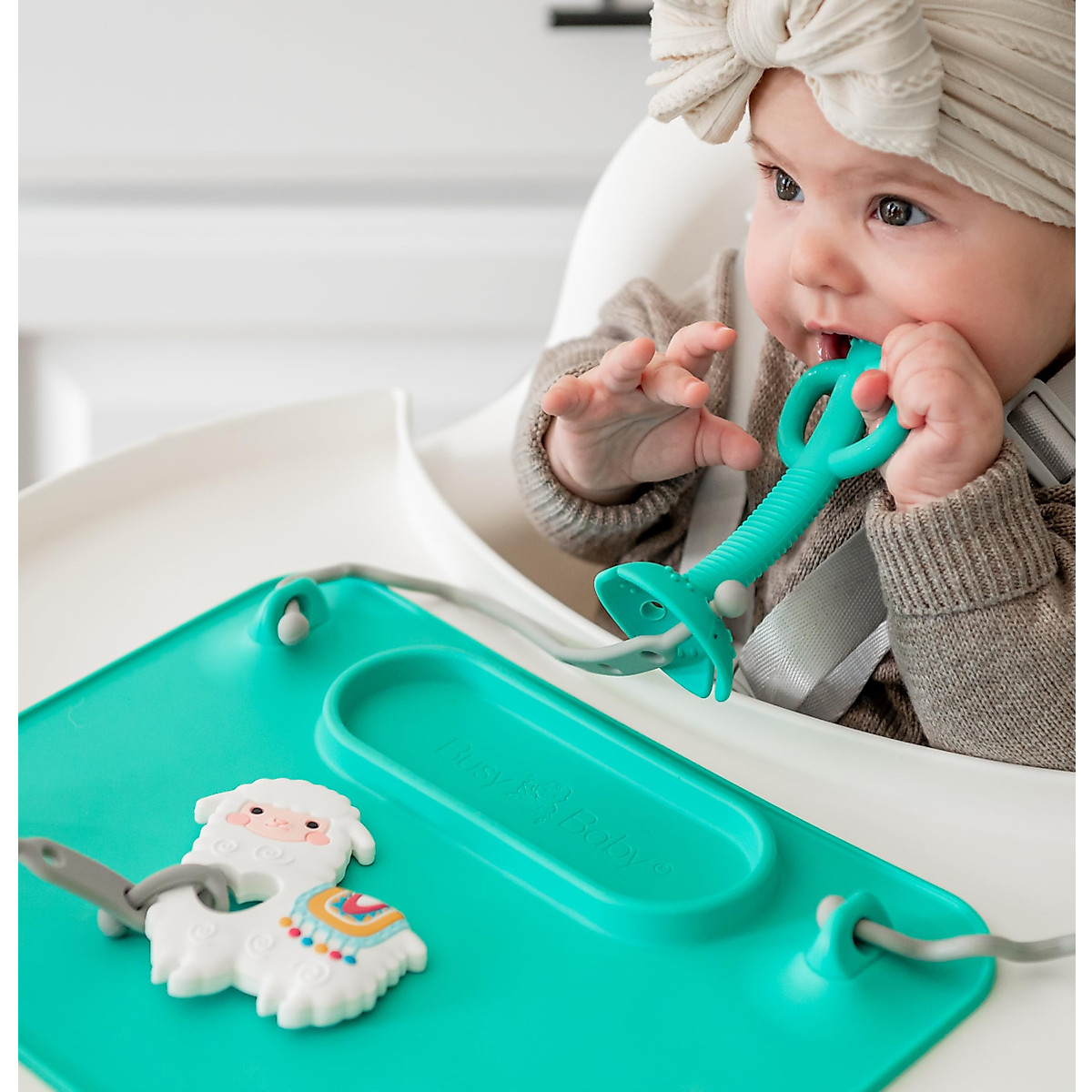 Busy Baby - Teething Toys Made of 100% Food Grade Silicone, Fun Animal Shapes for Teething Relief, Use Alone or Easily Attach Your Baby Teether to Busy Baby Mats (Sloth)