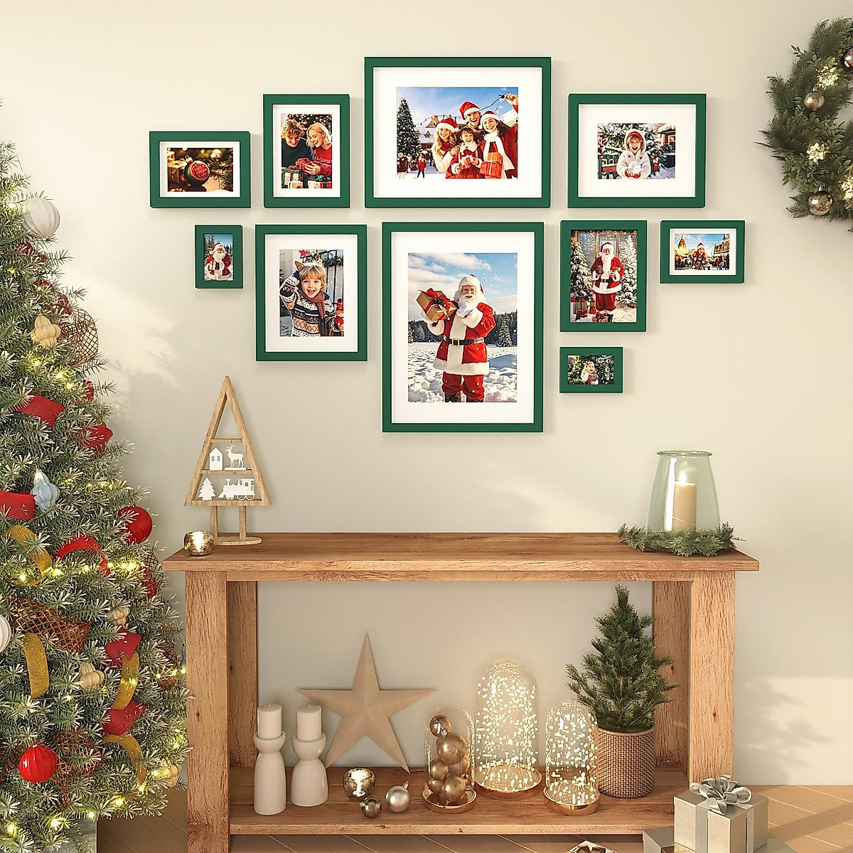 KINLINK 11x14 Picture Frame Green, Solid Wood Frames with Acrylic Plexiglass for Pictures 5x7/8x10 with Mat or 11x14 without Mat, Tabletop and Wall Mounting Display, Set of 4
