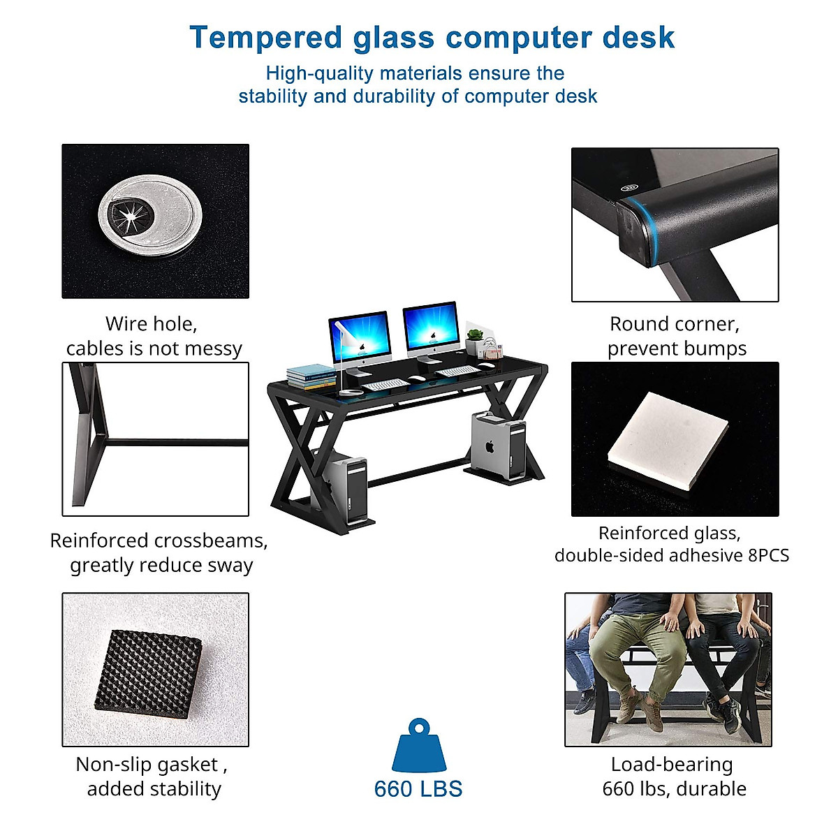 IPKIG Glass Desk, Modern Computer Desk with Carbon Steel Frame and Glass Top, Home Office Desks Computer Table Study Writing Desk Workstation for Living Room, Black (55.1 Inch)