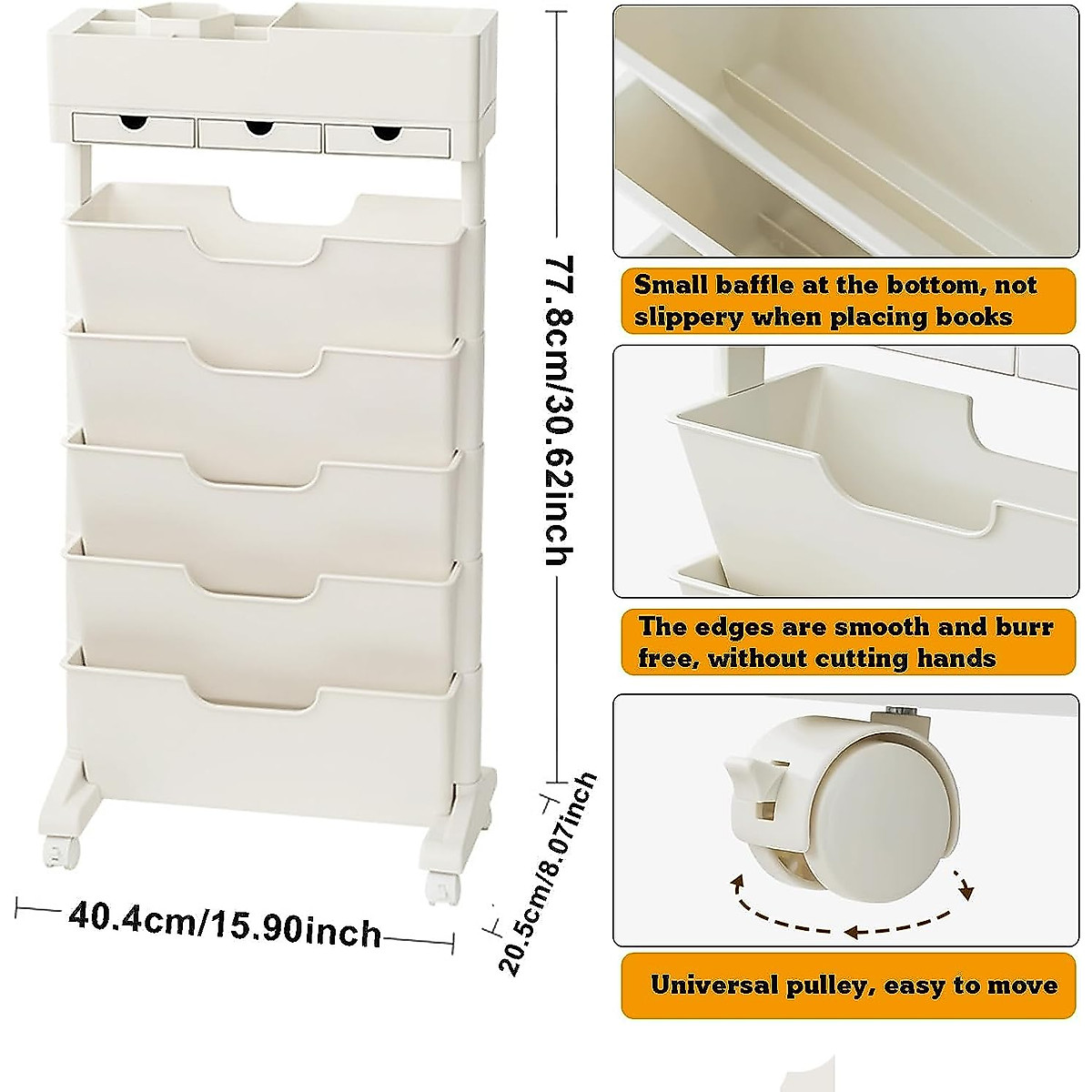 Soccerboy 6 Tier Mobile Bookshelf Bookcase with Lockable Casters,Rolling Utility Cart with 3 Drawer,Movable Storage Organizer for Living Room, Bedroom, Kitchen (White)