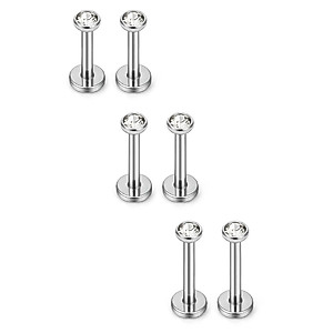Ruifan 3mm Round Clear CZ Gem Internally Threaded Labret Monroe Lip Ring Tragus Nail Helix Earring Stud Barbell Piercing Jewelry Bar 6-10mm 16G 6PCS