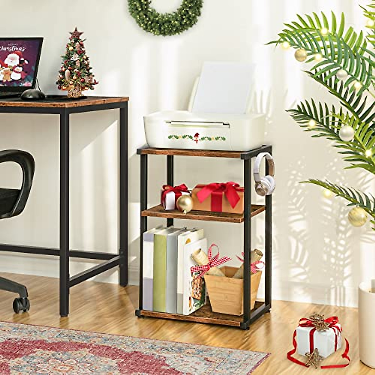 HOOBRO Mobile Printer Stand, 3-Tier Printer Cart Under Desk with Storage, Industrial Adjustable Rolling Cart , Sturdy Little Table on Wheels for Home Office, Rustic Brown and Black BF28PS01